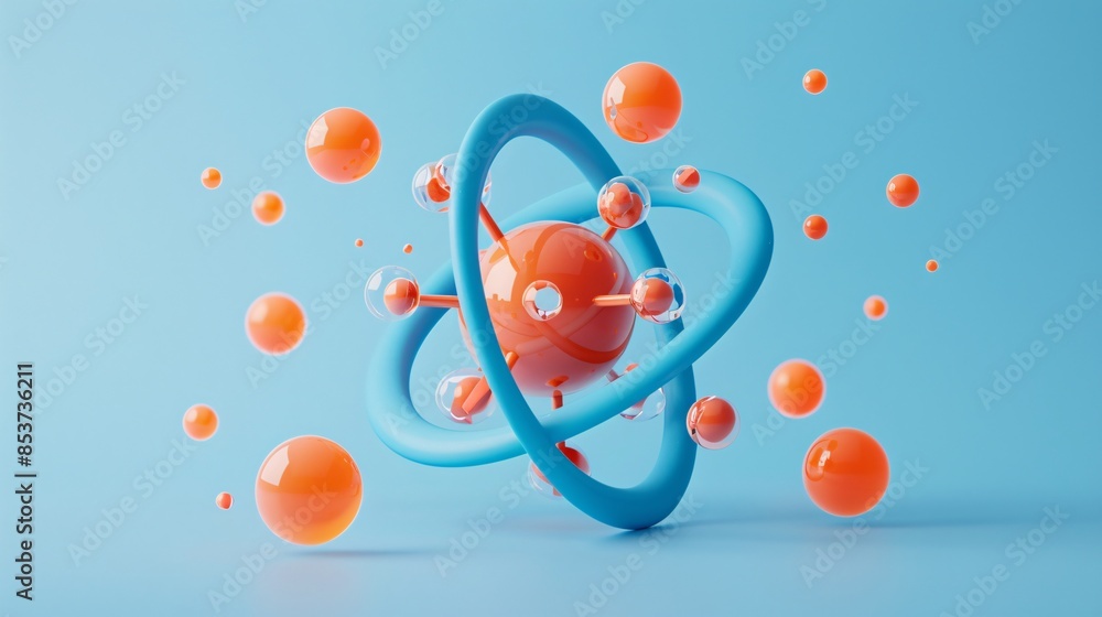 Abstract 3D illustration of an atom model with orange and blue ...
