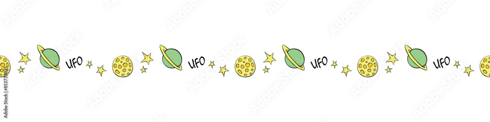 Edging, ribbon, border of planets, stars, moons, comets in doodle flat ...