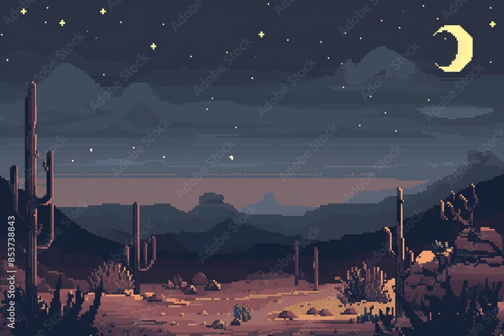 Pixel Art Desert Night Scene with Cacti - 8bit pixel art background ...