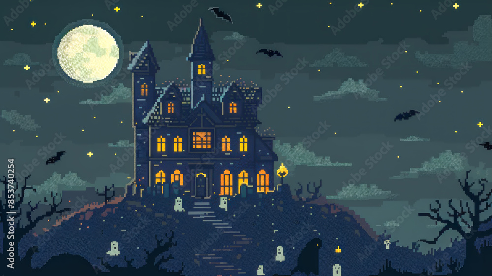 Pixel art haunted mansion on a hill, illuminated by the full moon ...