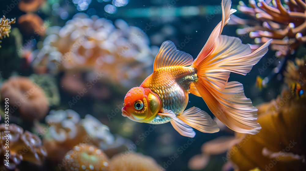 Vibrant Oranda goldfish with flowing fins in an underwater coral reef ...
