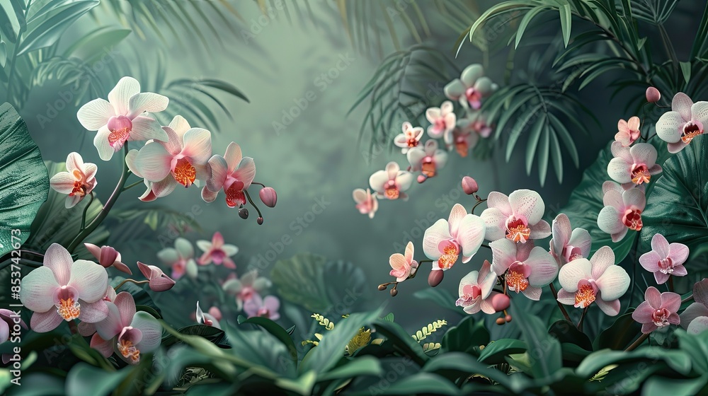 Orchid Oasis A flat design side view, depicting a botanical garden ...