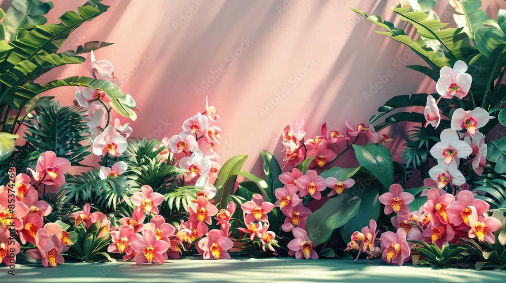 Orchid Oasis A flat design side view, depicting a botanical garden ...