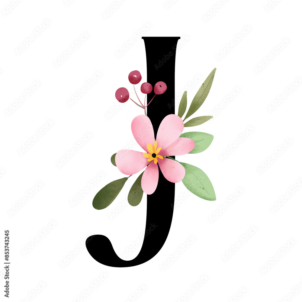 ภาพประกอบสต็อก Letter J, floral monogram with watercolor flowers and ...