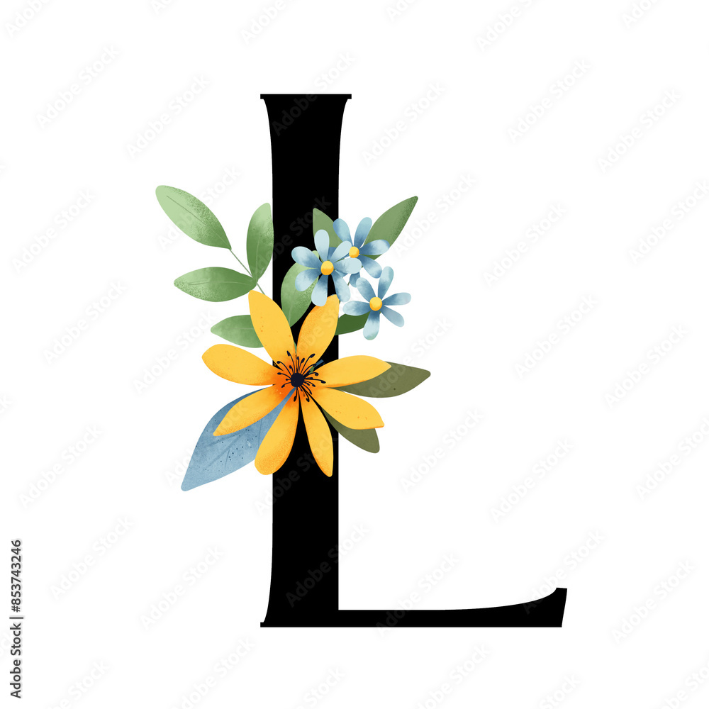 Letter L, floral monogram with watercolor flowers and leaf. Letterhead ...