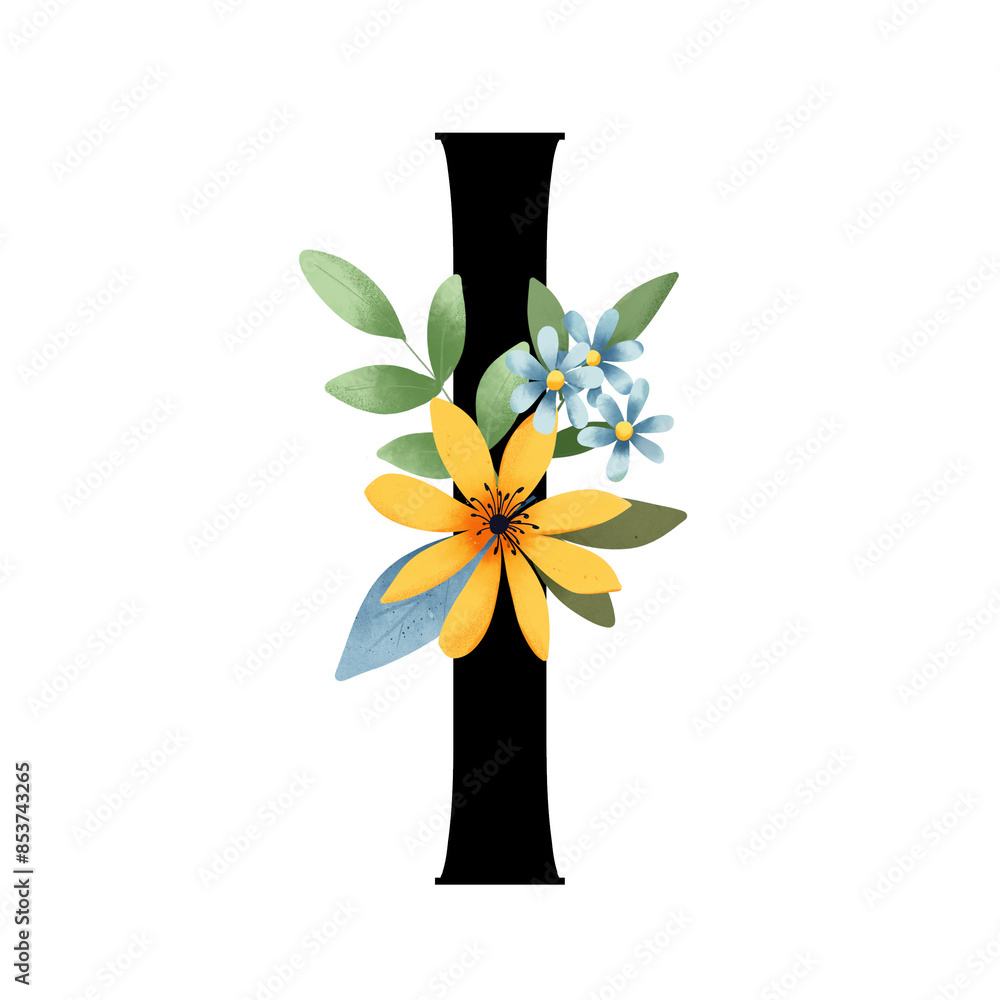 Letter I, floral monogram with watercolor flowers and leaf. Letterhead ...