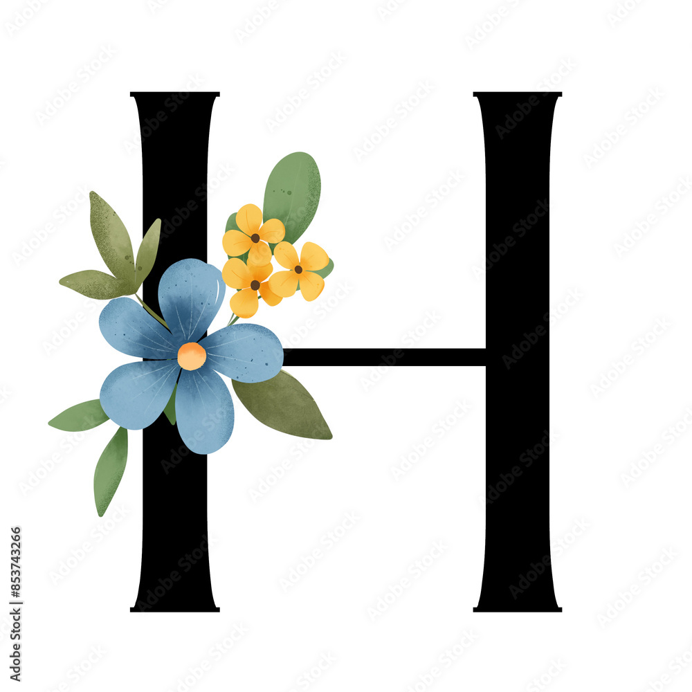 Letter H, floral monogram with watercolor flowers and leaf. Letterhead ...