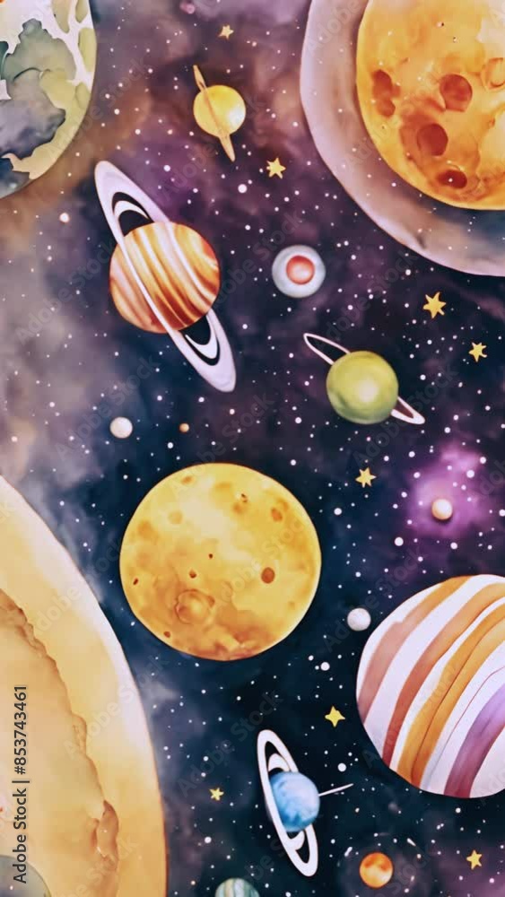Kids drawing universe space rocket Stars and planets. pulsing in space ...