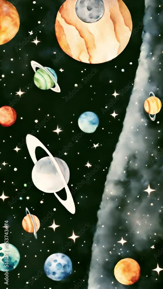 Kids drawing universe space rocket Stars and planets. pulsing in space ...