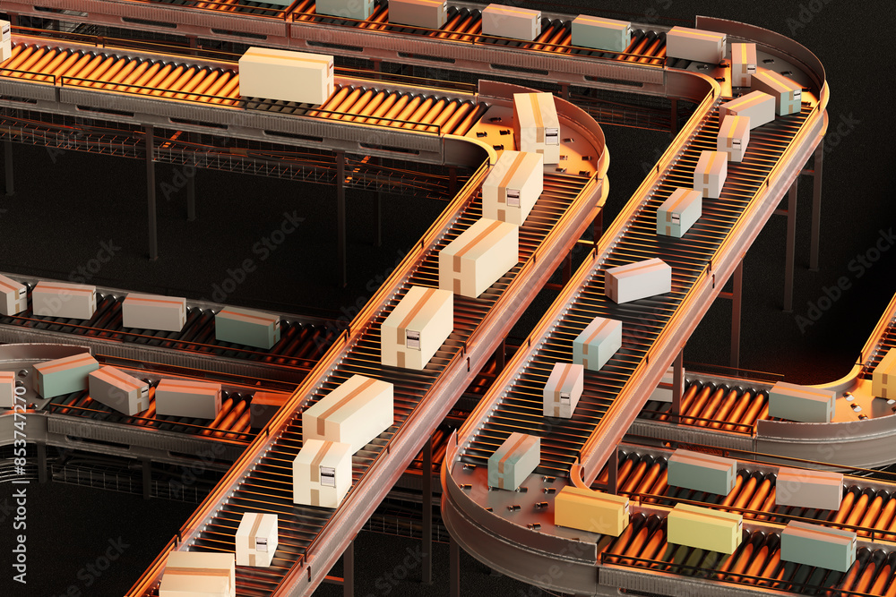 Industrial conveyor. Production line. Conveyor with cardboard boxes ...