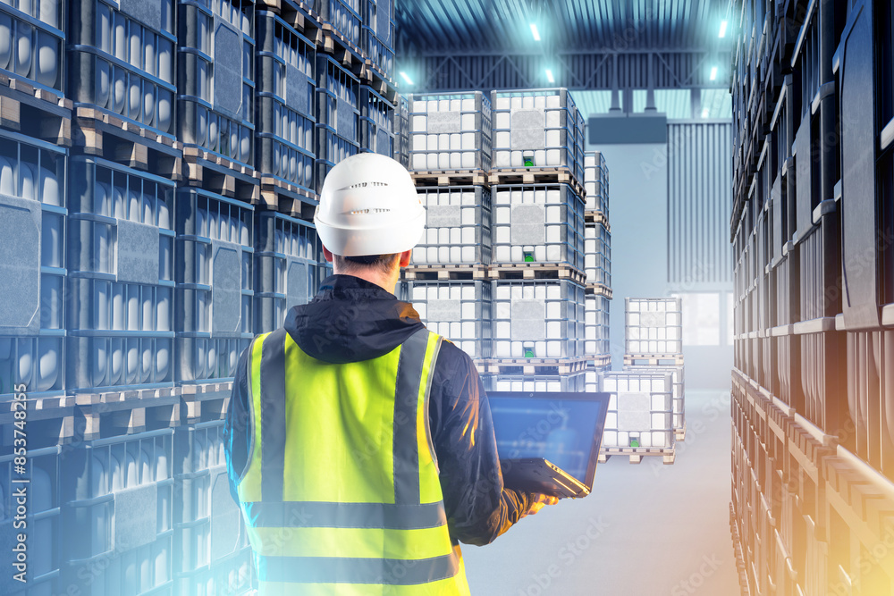 Man warehouse worker. Logistics center employee. Specialist near tanks ...