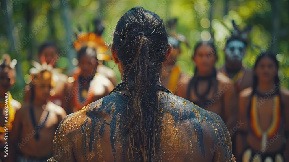 Foto de Aboriginal man returns to tribe His back is facing the camera ...