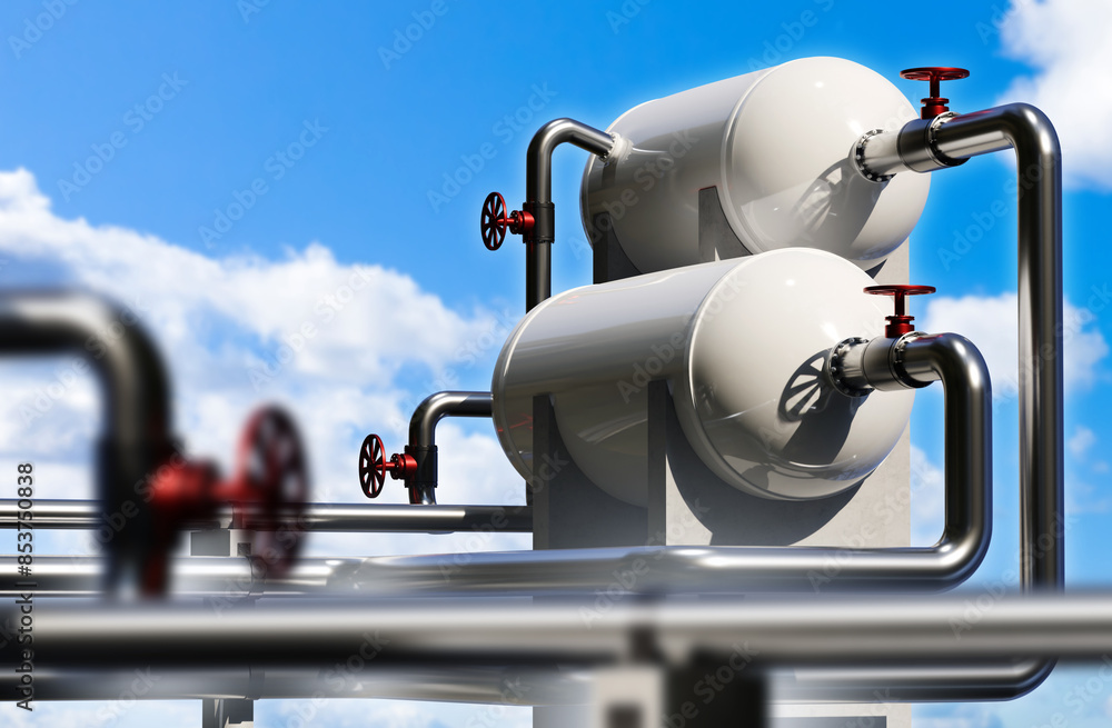 Gas equipment. Steel pipeline with tanks. Liquefied gas processing ...