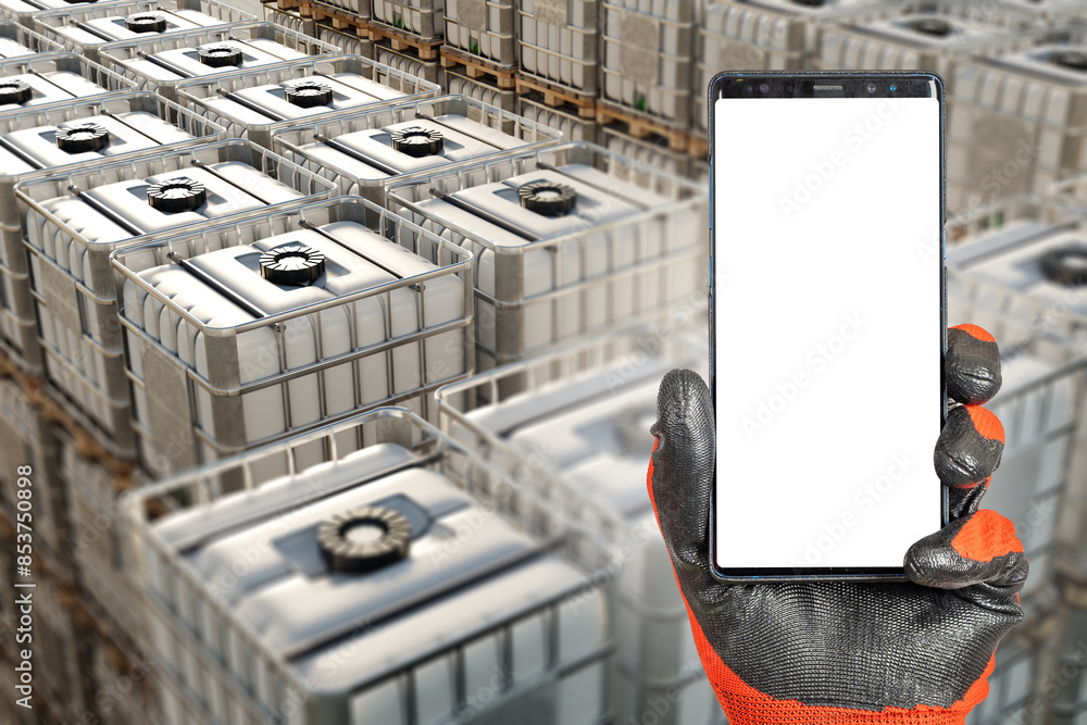 IBC containers. Phone with white screen. Warehouse with IBC tanks ...