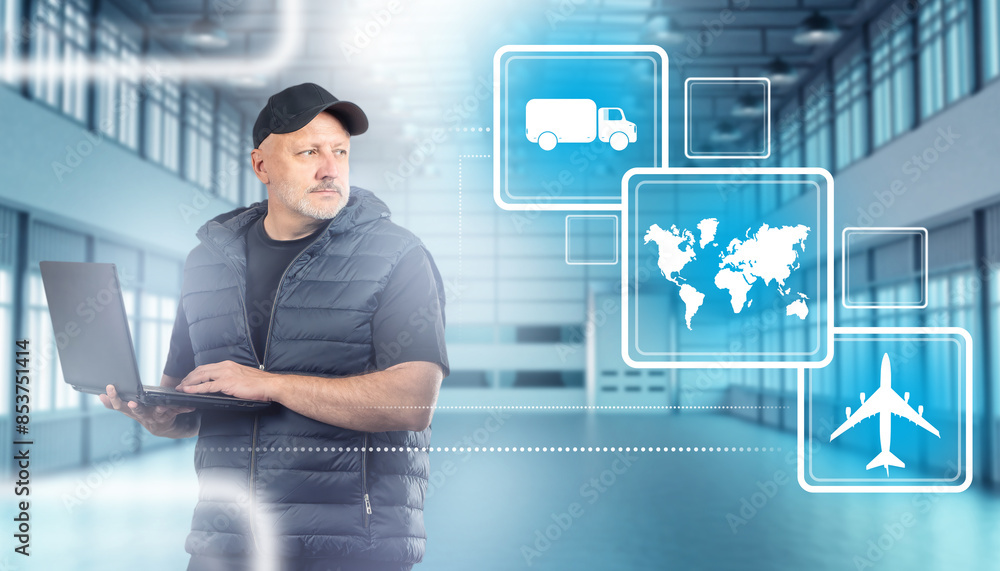Man is logistician. Transportation specialist is holding laptop ...