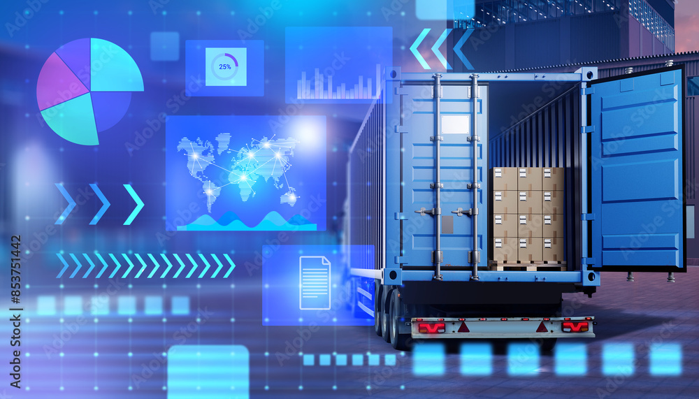 Logistics technologies. Truck with boxes in back. Logistics transport ...