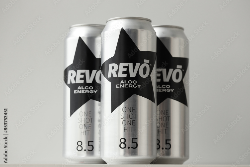 KYIV, UKRAINE - APRIL 20, 2024 Cans of Revo alco energy drink in new ...