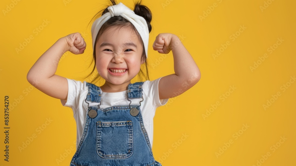 Smile, portrait, and girl with arm flex in studio for confidence ...