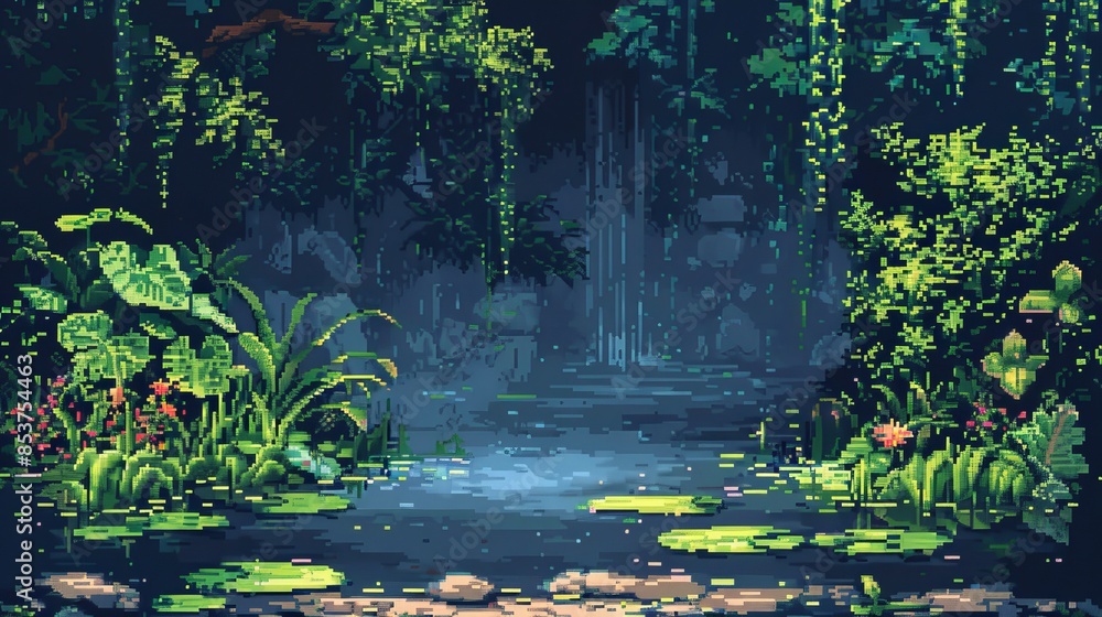 Pixel Art Lush Jungle with Waterfall - 8bit pixel background Stock ...