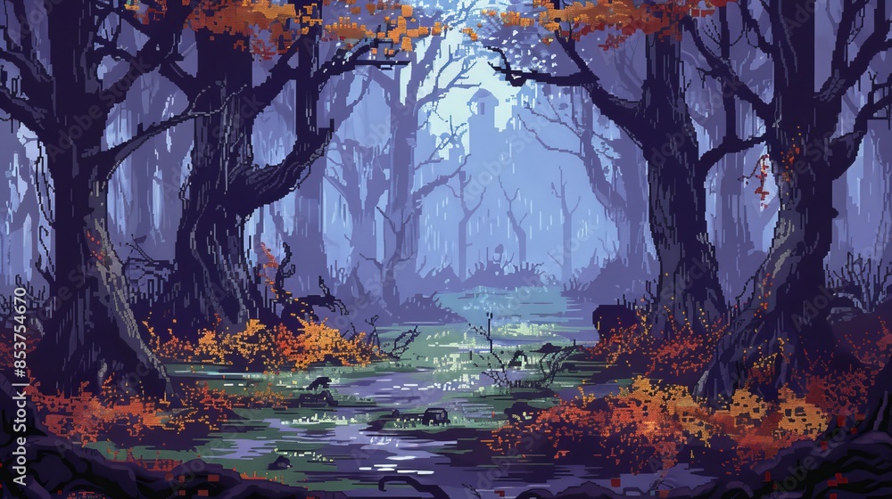 Pixel Art Haunted Forest with Spooky Castle - 8bit pixel background ...