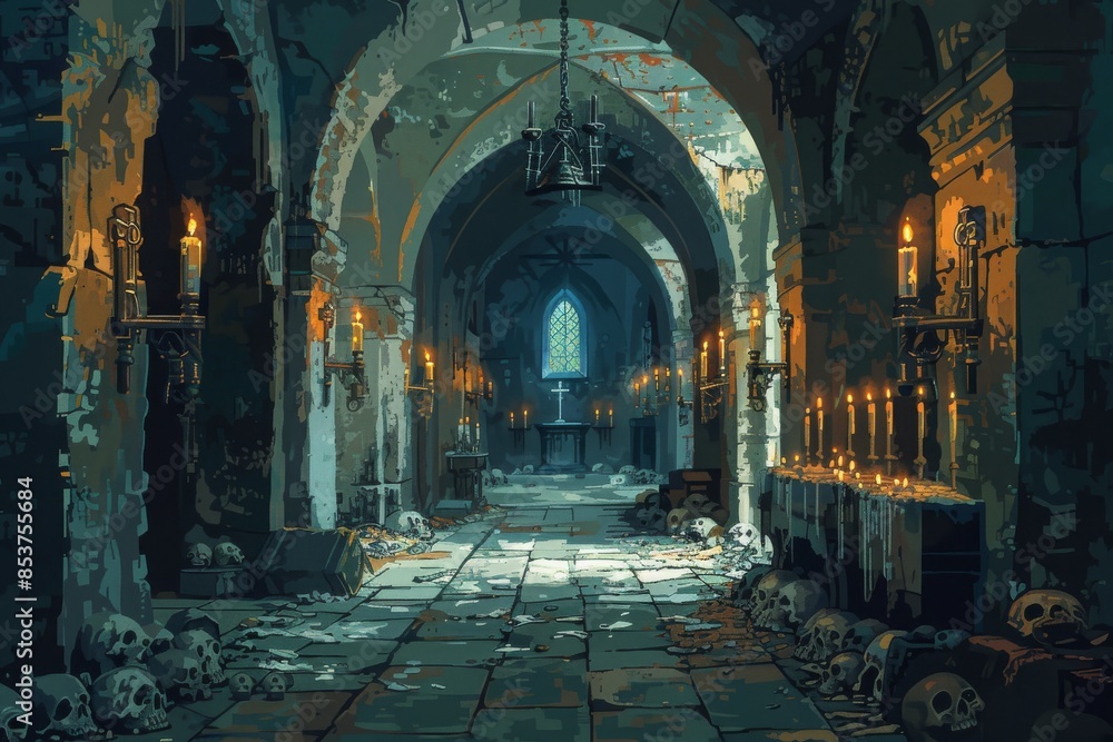 Pixel Art Gothic Crypt with Skulls - 8bit pixel background Stock ...