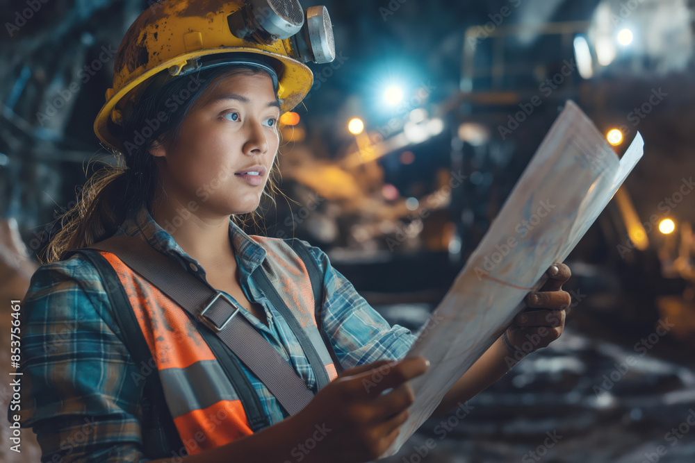 Female miner wearing helmet and safety vest studying a map in an ...