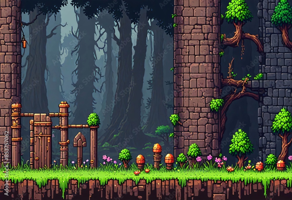 asset for a bit pixel platform mobile game,dirt grass wood tree bush ...