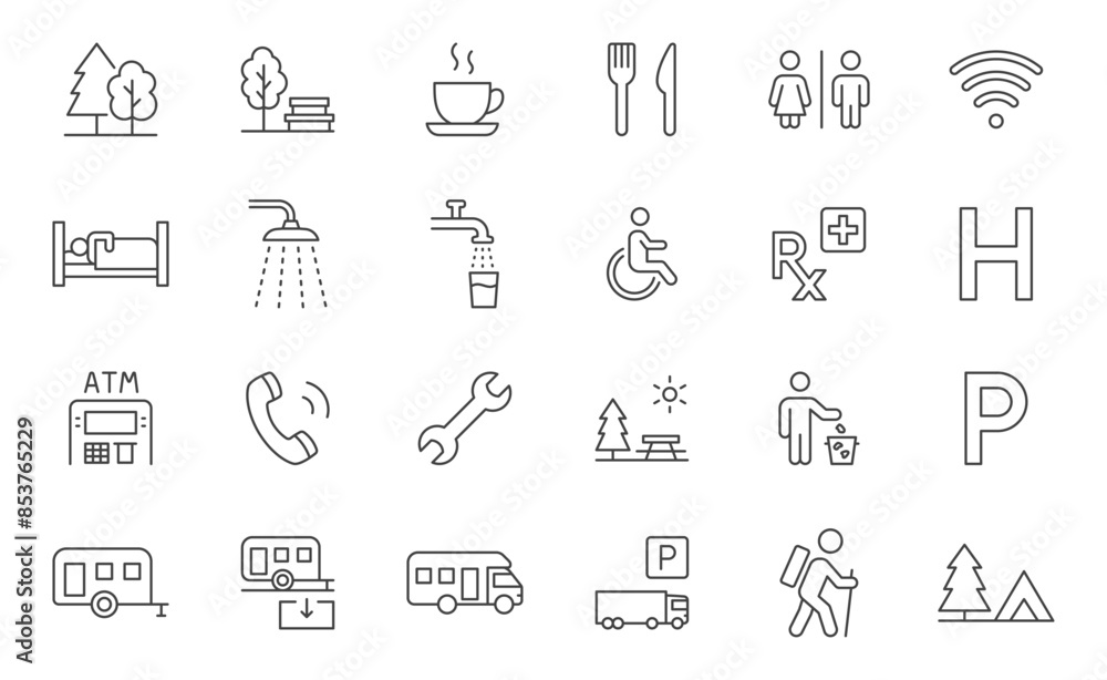 Camping road signs line icon set. Trailer park, RV waste water dump ...