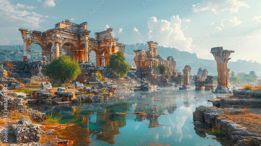 Ancient Ruins in Modern Cityscape: Capture a background showing ancient ...
