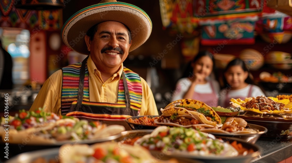 smiling Mexican man wears traditional near the platters filled with ...