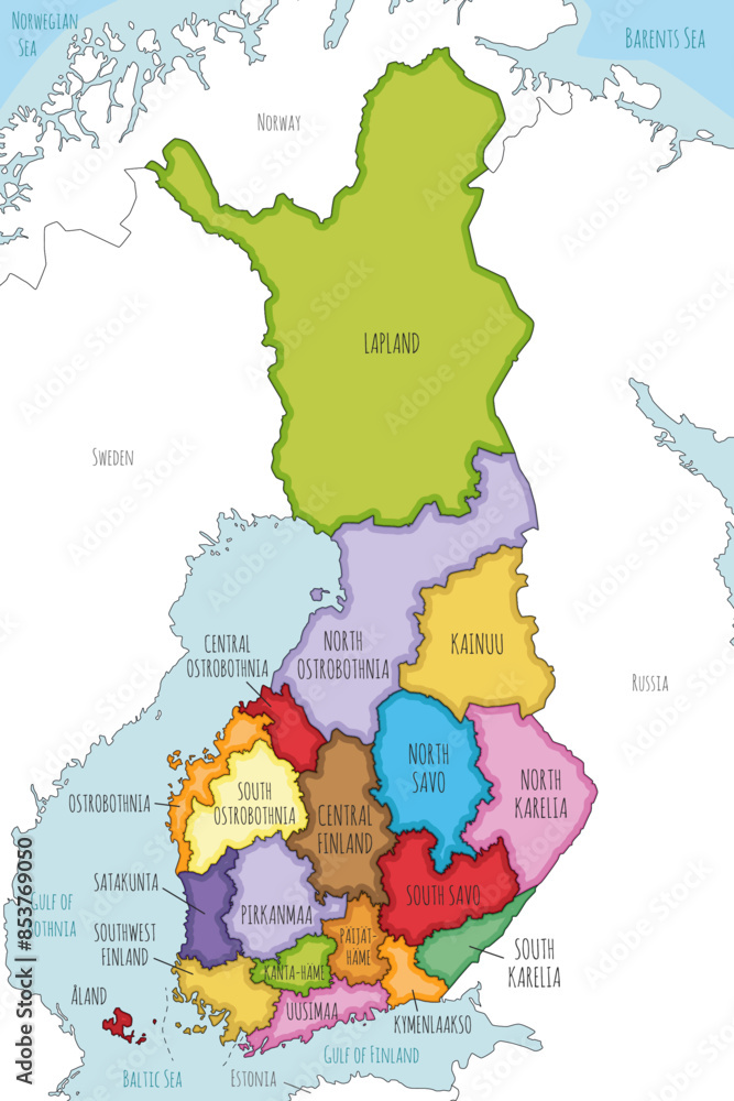 Vector illustrated map of Finland with regions or counties and ...