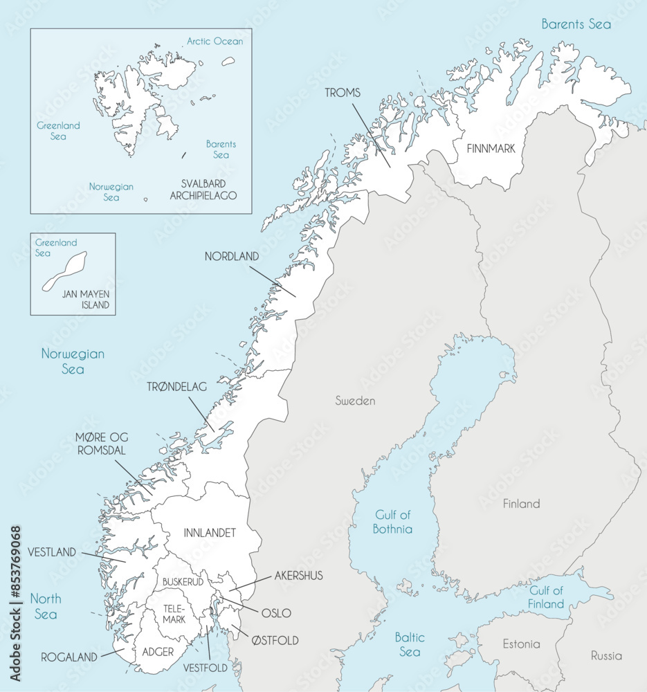 Vector regional map of Norway with counties and territories, and ...
