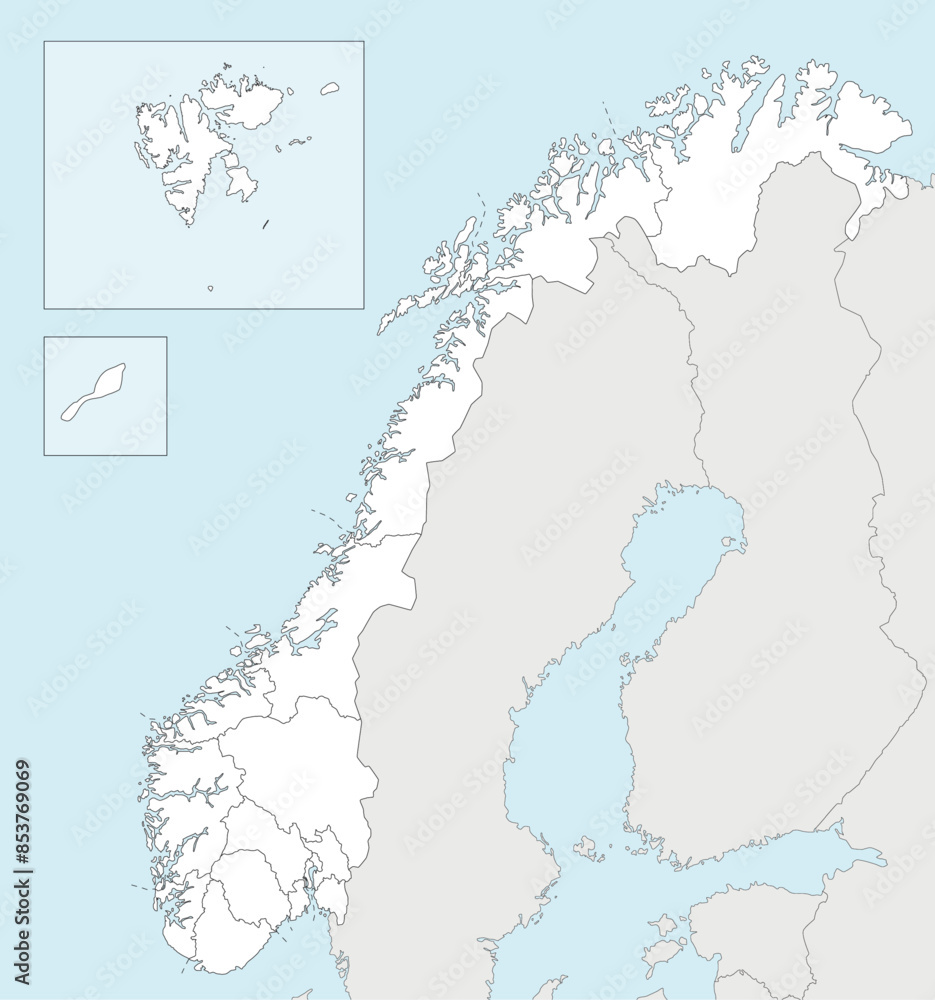 Vector regional blank map of Norway with counties and territories, and ...