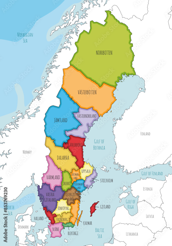 Vector illustrated regional map of Sweden with counties and ...