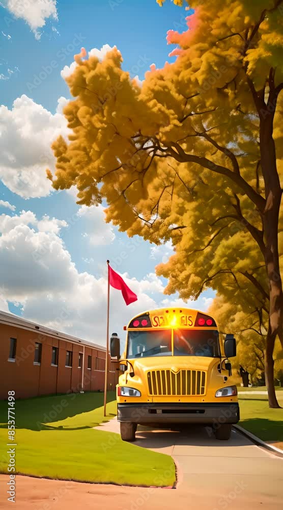 A sunny morning, a big yellow school bus, a red-brick school building ...