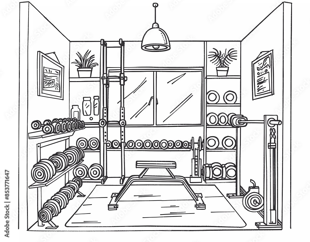 sketch of modern gym interior with barbells, dumbbells and mirrors on ...