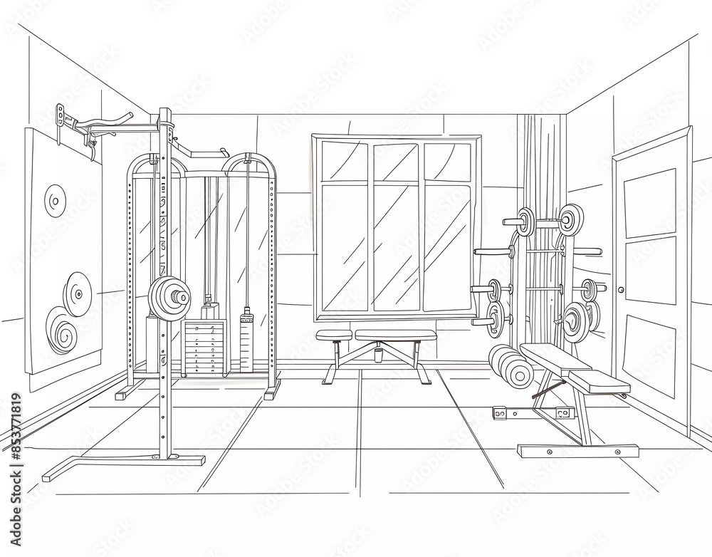 sketch of modern gym interior with barbells, dumbbells and mirrors on ...