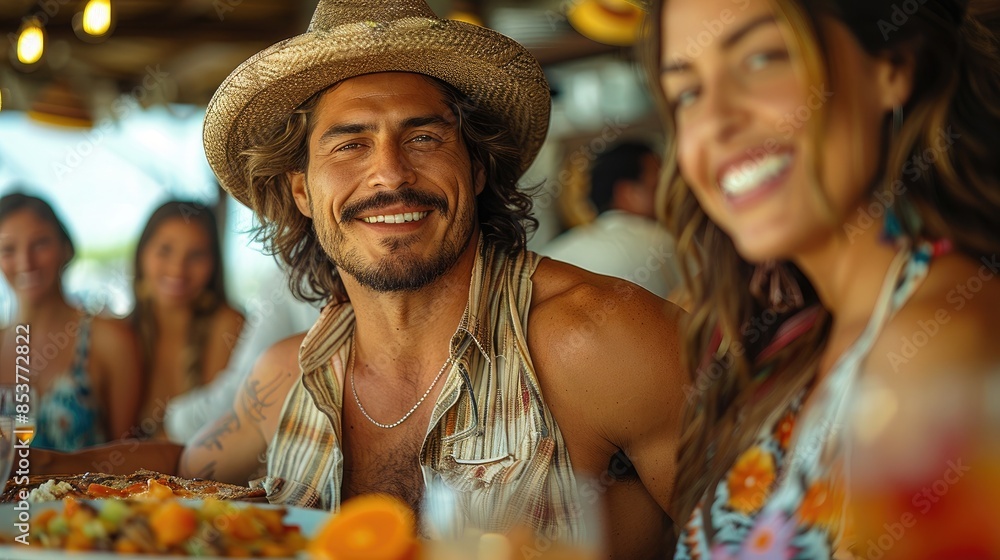 smiling Mexican man wears traditional near the platters filled with ...