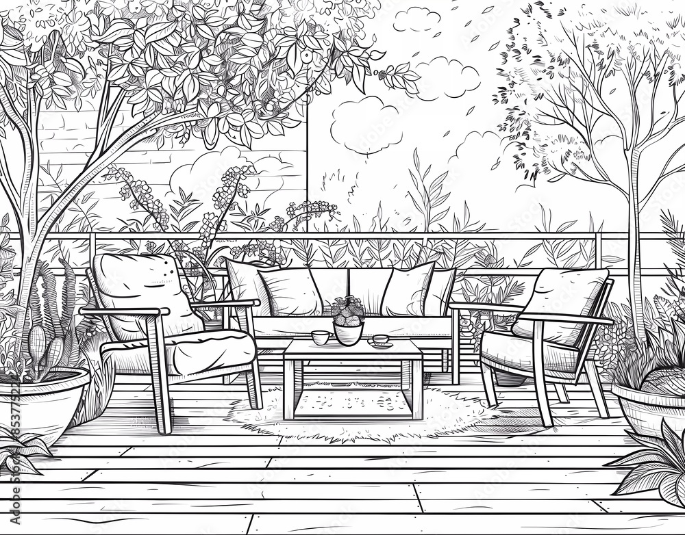 deck with patio furniture and table, coloring page for adults, bold ...