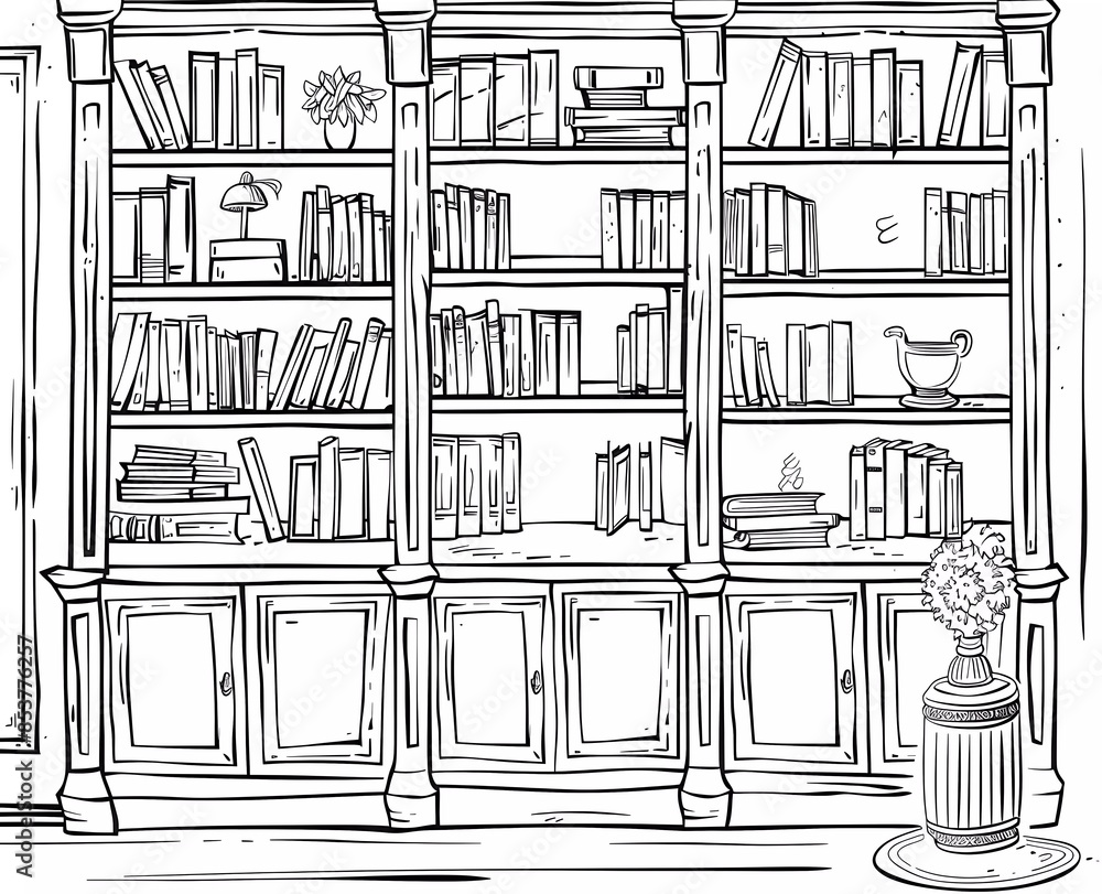 simple line drawing of bookshelves in library, in black and white ...