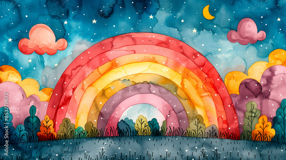 Watercolor clipart with a rainbow and clouds. An illustration of a ...