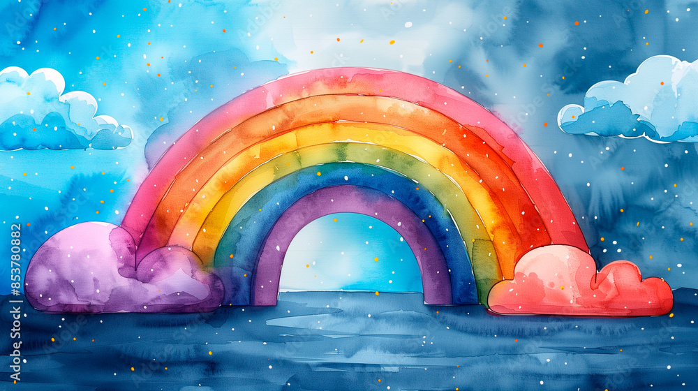 Watercolor clipart with a rainbow and clouds. An illustration of a ...