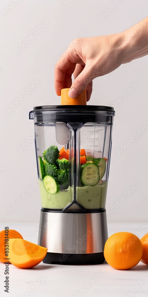 Hand placing orange into a blender with vegetables and fruits, ready ...