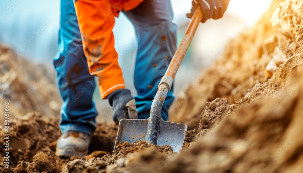 Safety and Precision in Excavation Work: Construction Worker Digging ...