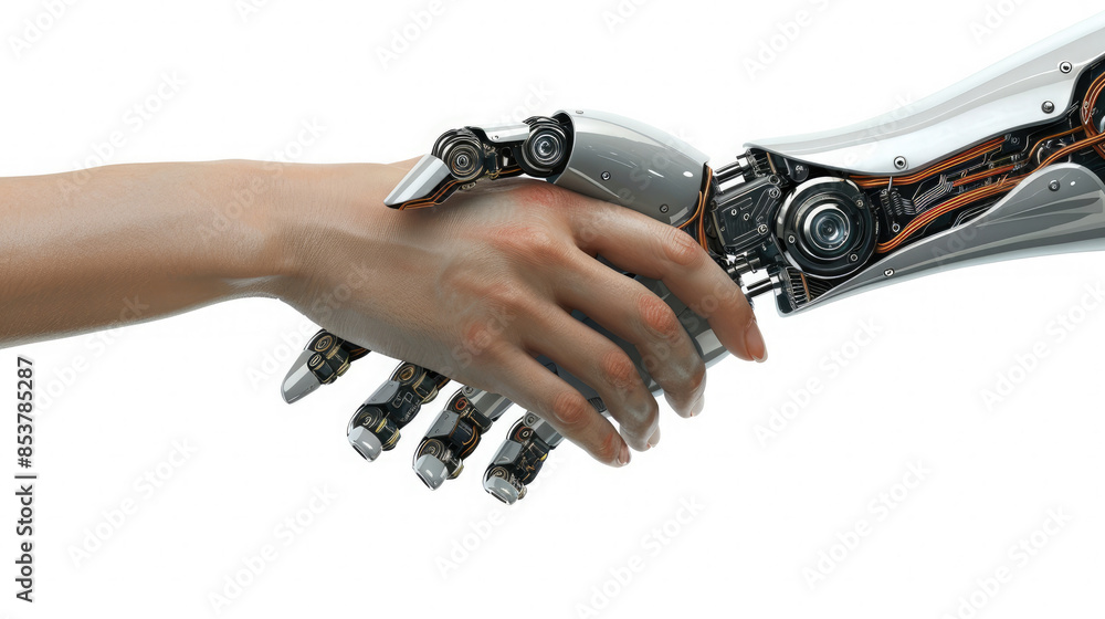 human hand handshake with robot arm working together isolated on white ...
