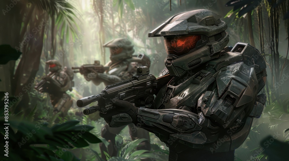 Futuristic soldiers in high-tech armor patrolling a dense jungle, armed ...