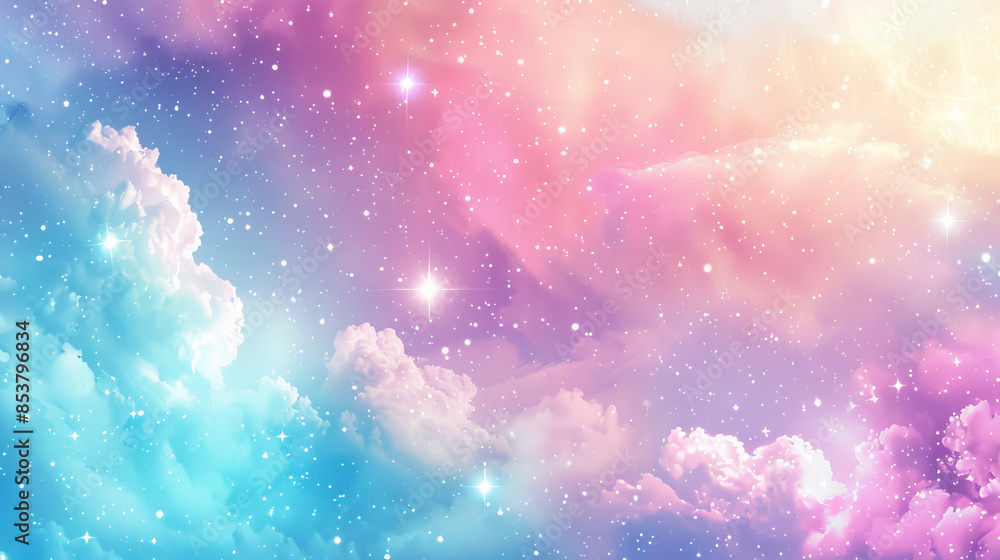 Dreamy pastel pink and blue sky with clouds and shinig stars. Fantasy ...
