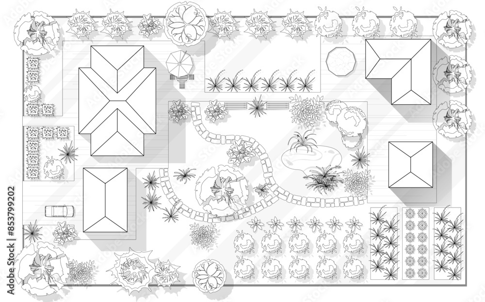 Landscape design plan with house, courtyard, lawn and garage top view ...