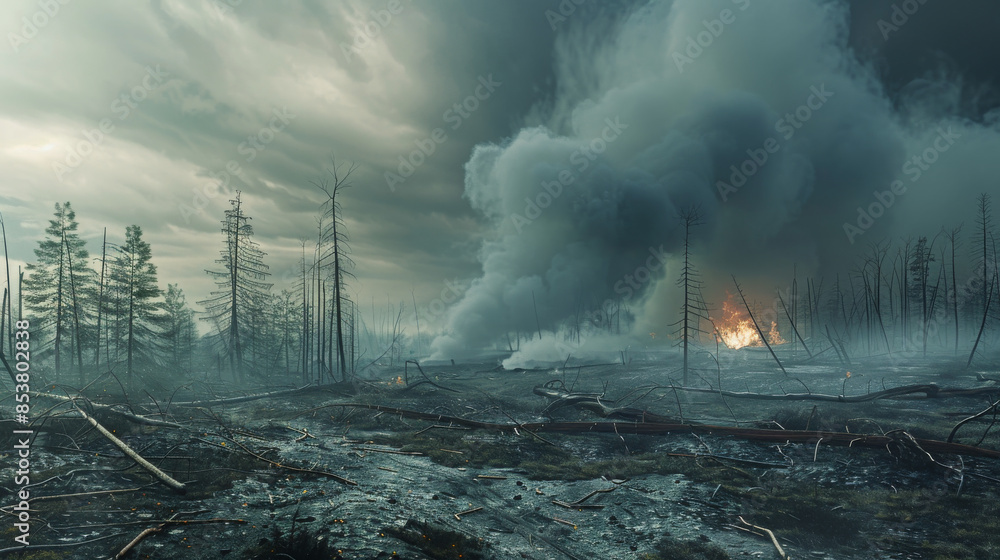 Charred forest landscape with smoke rising from a distant fire, under a ...