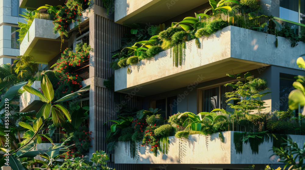 A modern apartment complex with lush, cascading plants from its ...